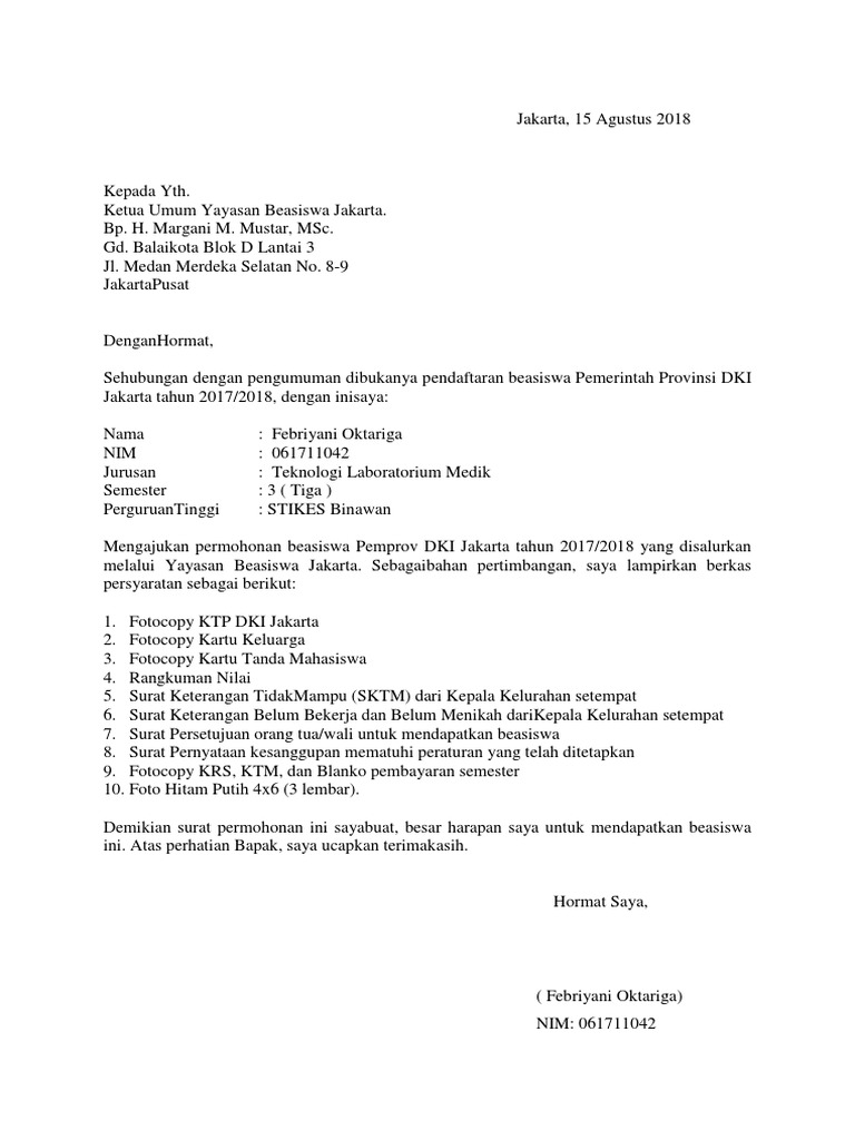 1 Contoh Surat Permohonan Beasiswa YBJ | PDF