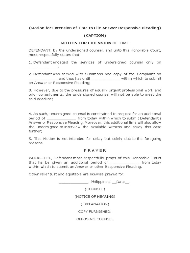 Sample Motion For Extension | PDF | Lawsuit | Government Information