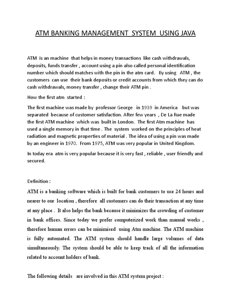 ATM BANKING MANAGEMENT SYSTEM USING JAVA | PDF | Automated Teller Machine | Class (Computer ...