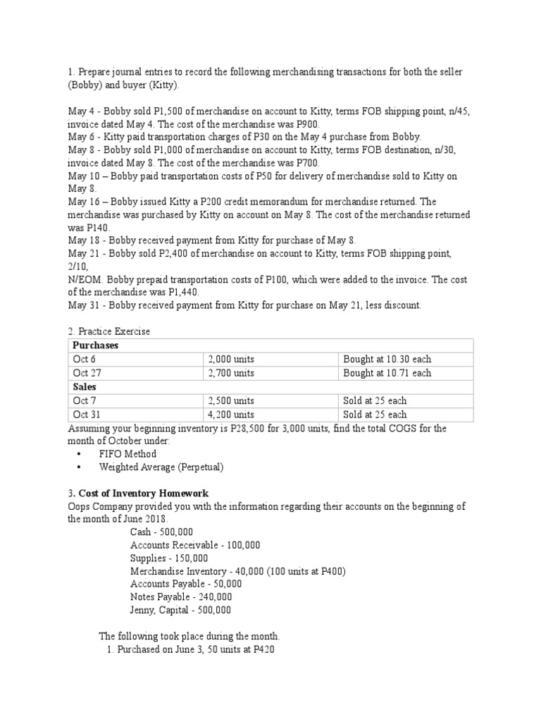Exercises For Accounting For Merchandise Stores | PDF | Corporations ...