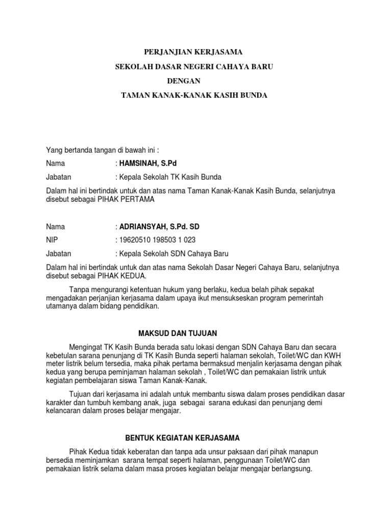 MOU Kerjasama TK dan SD Cahaya Baru | PDF