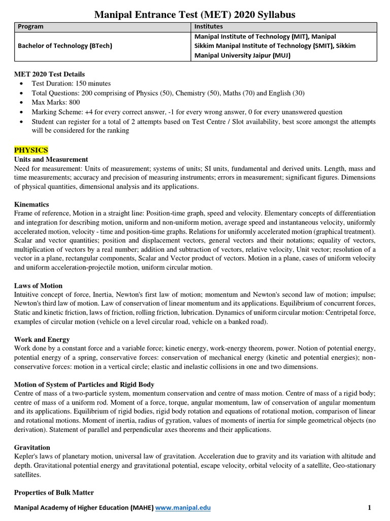 Manipal Entrance Test (MET) 2020 Syllabus: Physics | PDF ...