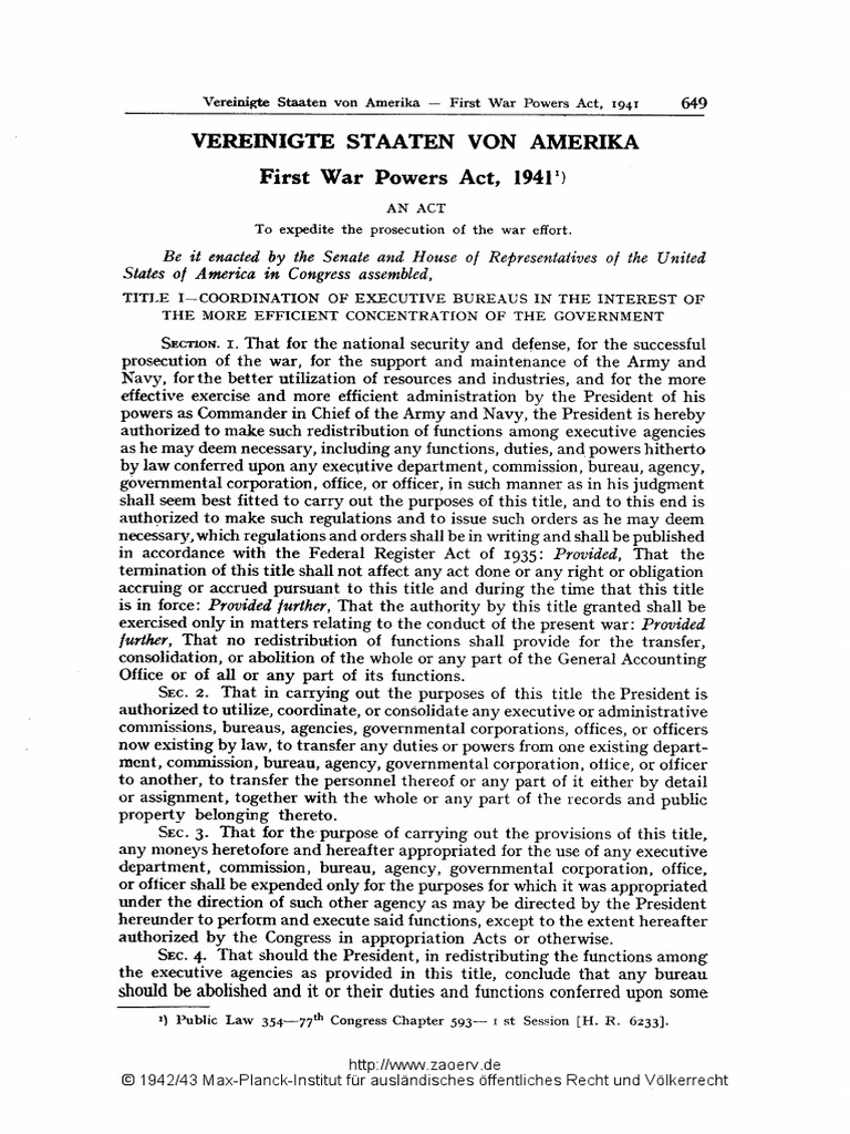 First War Powers Act of 1941 Summary | PDF | War Powers Resolution ...