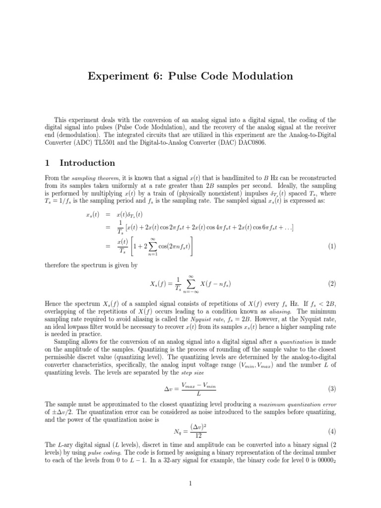 Experiment 6: Pulse Code Modulation: T x T t + 2x (t) cos 4πf t + 2x (t ...