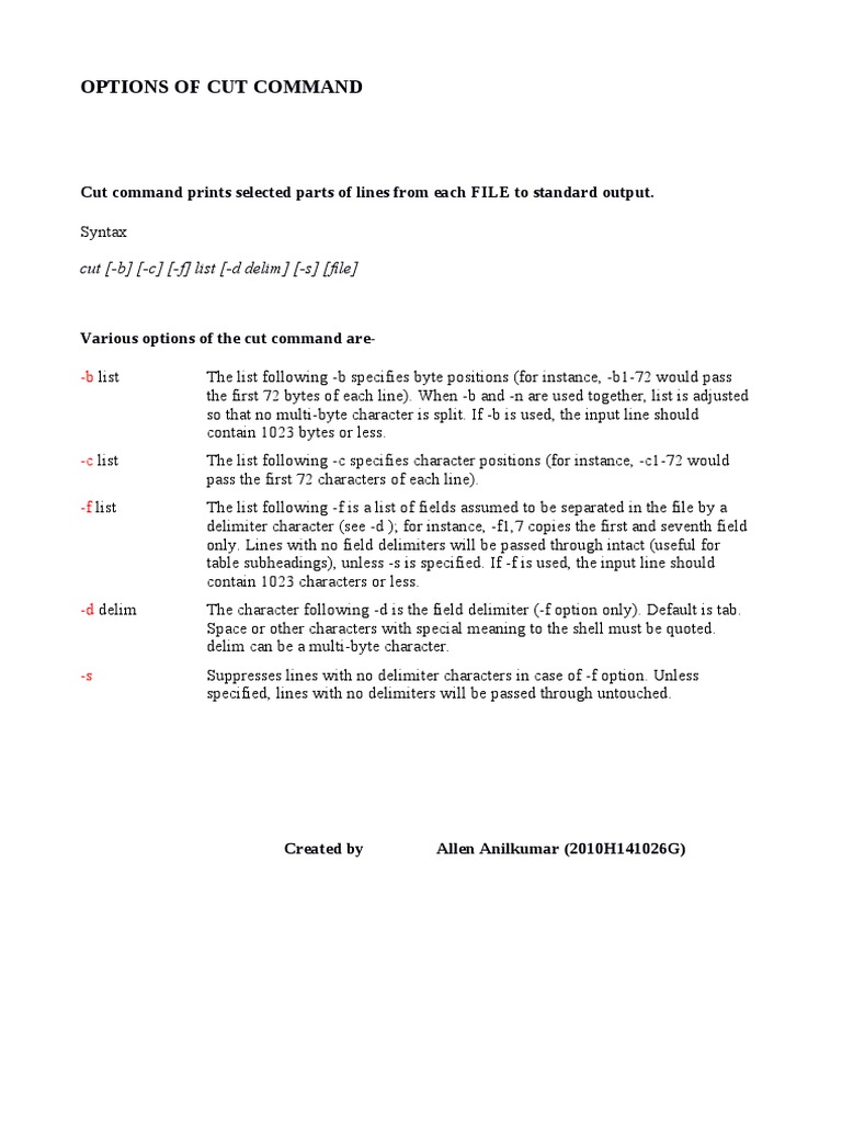 Options of Cut Command: Cut Command Prints Selected Parts of Lines From ...