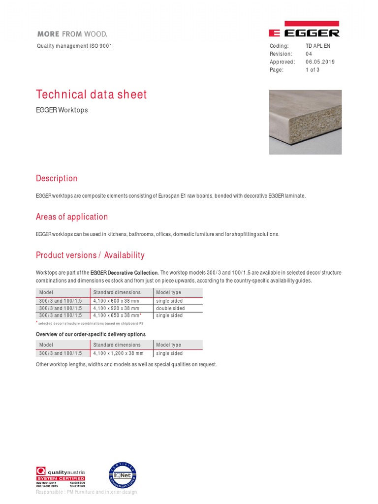 EGGER Worktops Technical Data Sheet | PDF | Countertop | Engineering ...