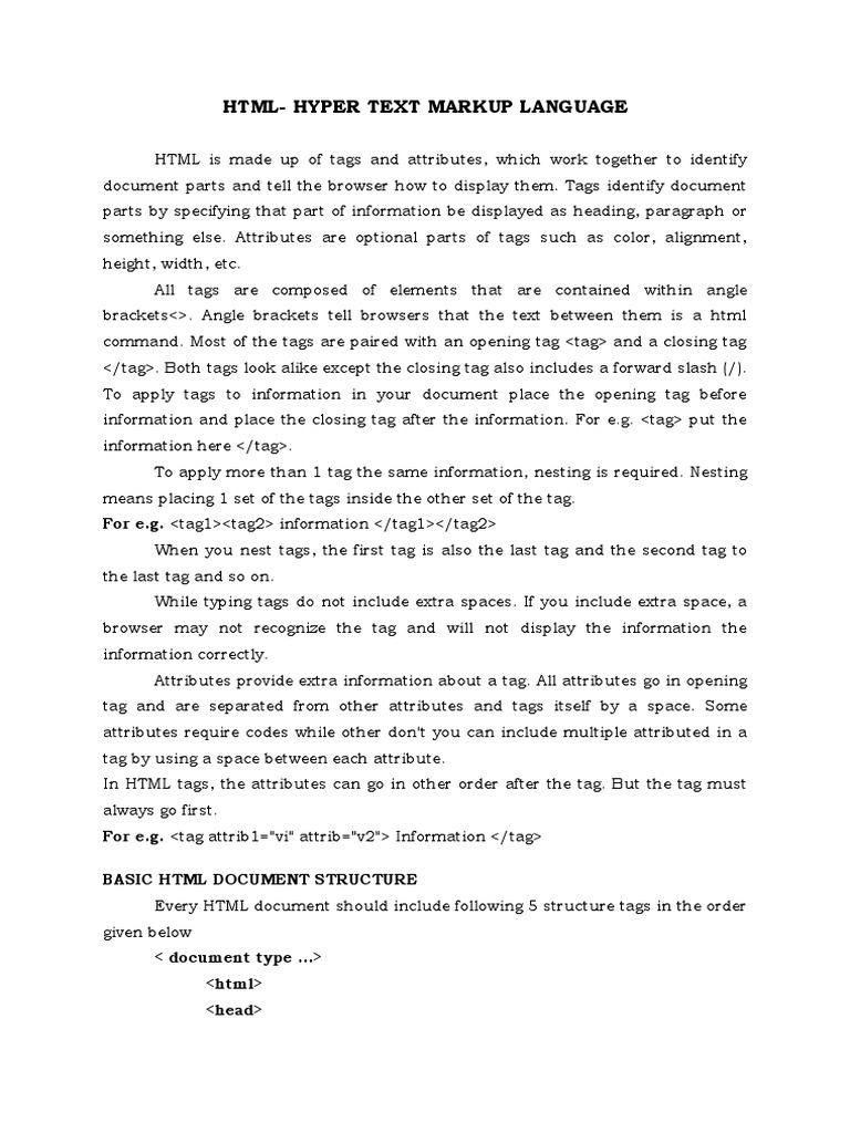 Html The Basics Of Html Language Pdf Html Element Hyperlink 