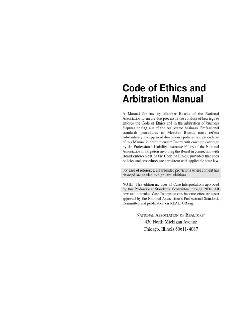 Code of Ethics and Arbitration Manual of NAR 2005 | PDF | Arbitration ...