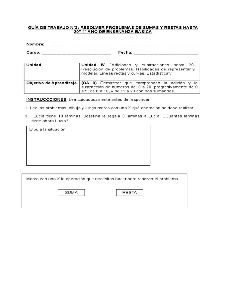 Guia 2 Resolver Problemas de Sumas y Restas Hasta 20 | PDF
