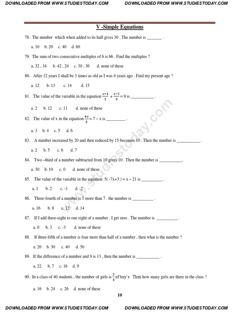 V - Simple Equations | PDF | Algebra | Elementary Mathematics
