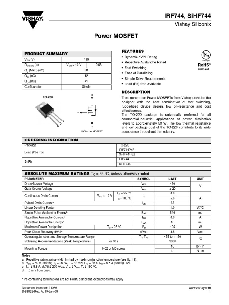 Irf 744 PBF | PDF | Field Effect Transistor | Diode