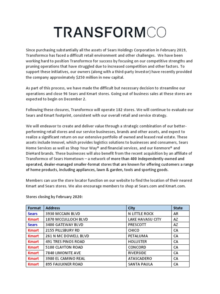 Sears, Kmart Store Closing List | PDF | Retail | Service Companies