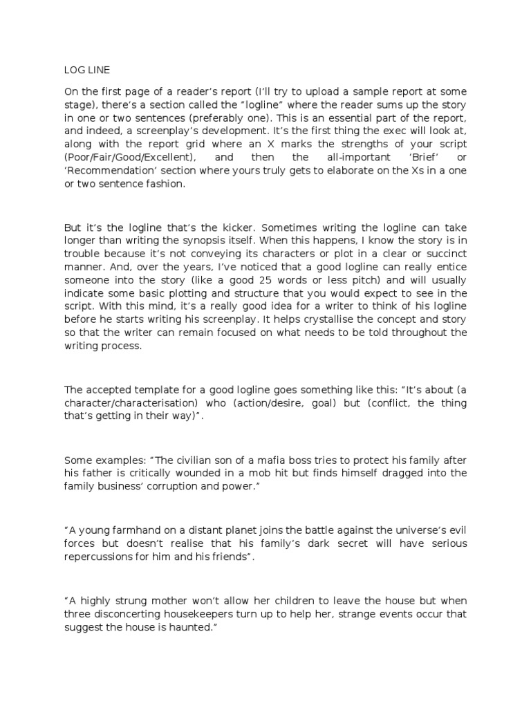 Log Line | PDF | Screenwriter | Screenplay