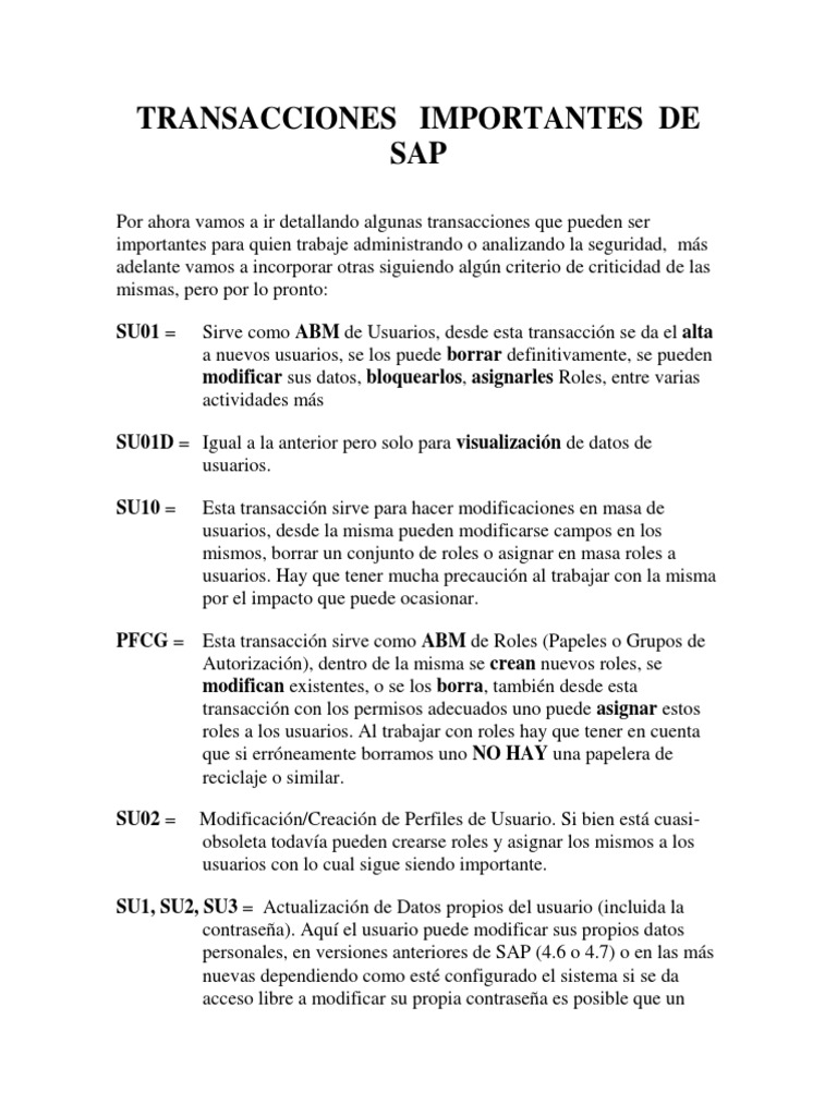Transacciones Importantes Basicas de Sap | Descargar gratis PDF ...