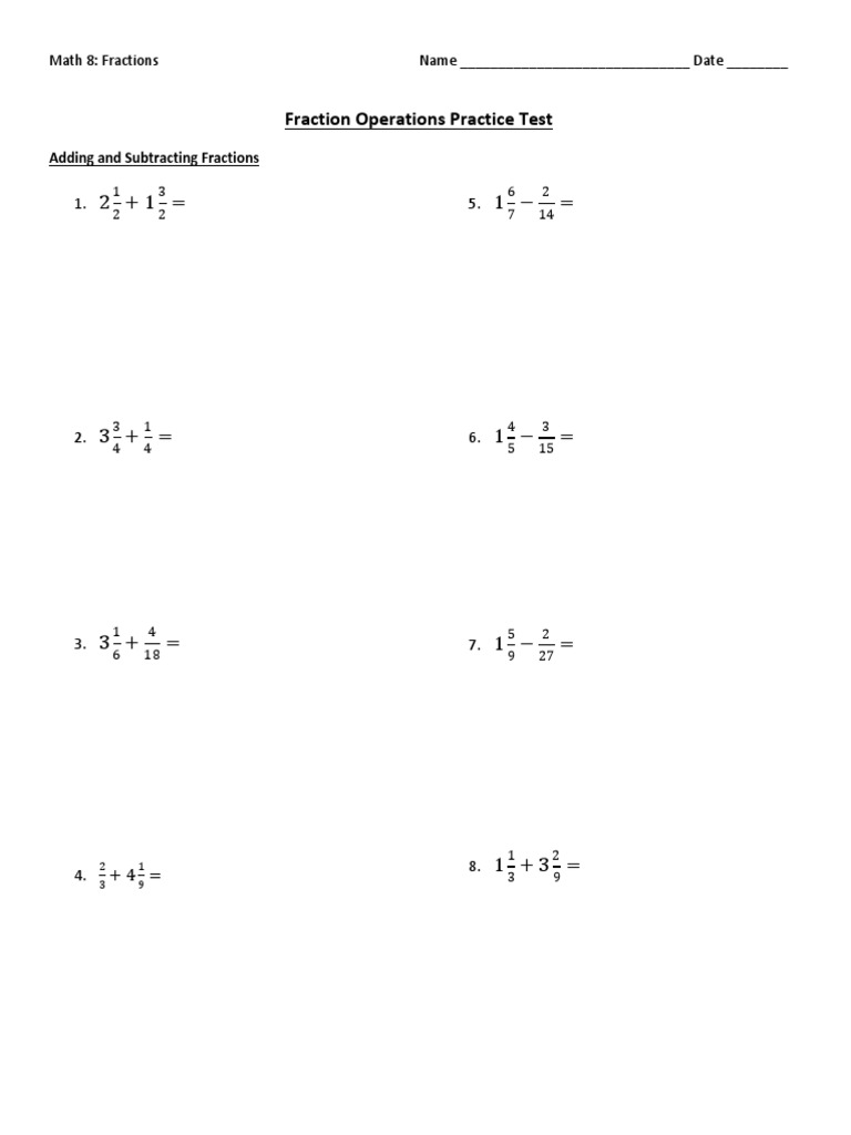 Fraction Operations Practice Test: Adding and Subtracting Fractions ...