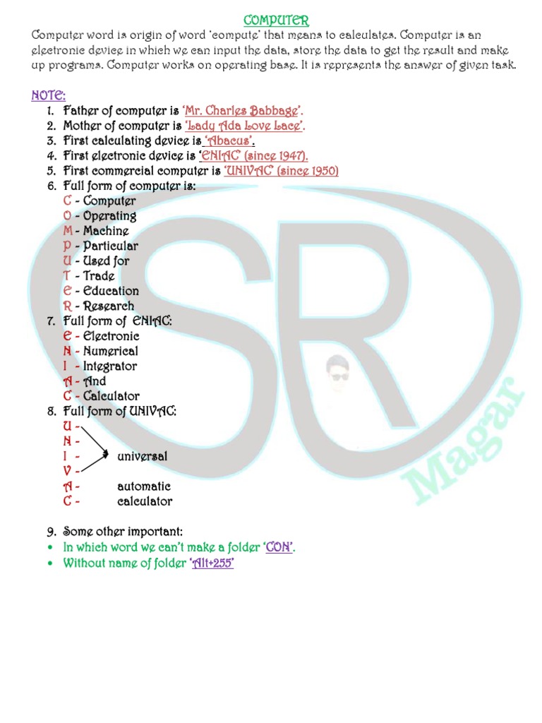 Mr. Charles Babbage'. Lady Ada Love Lace'. Abacus' ENIAC' (Since 1947) - UNIVAC' (Since 1950) C ...
