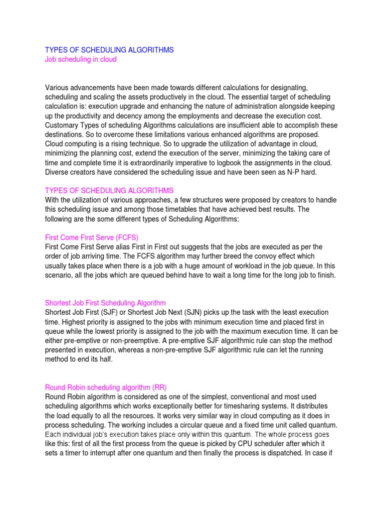 Job Scheduling in Cloud: Types of Scheduling Algorithms | PDF ...