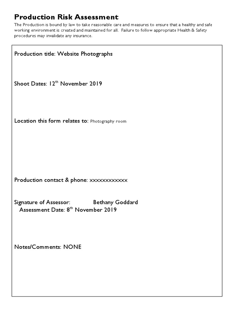 Production Risk Assessment for Photography | PDF | Hazards | Risk