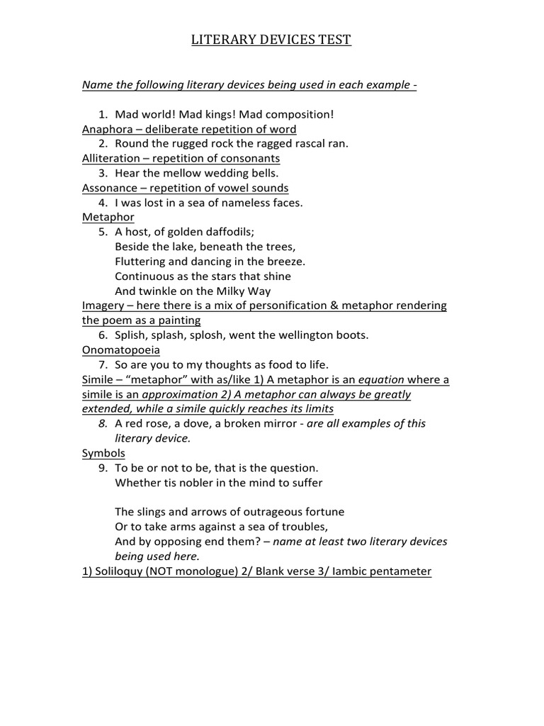 Literary Devices Test: Name The Following Literary Devices Being Used ...