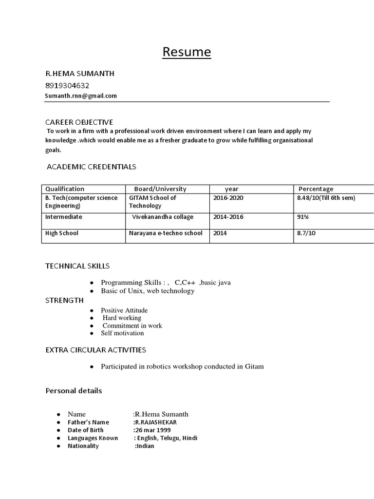 Resume: R.Hema Sumanth 8919304632 | PDF