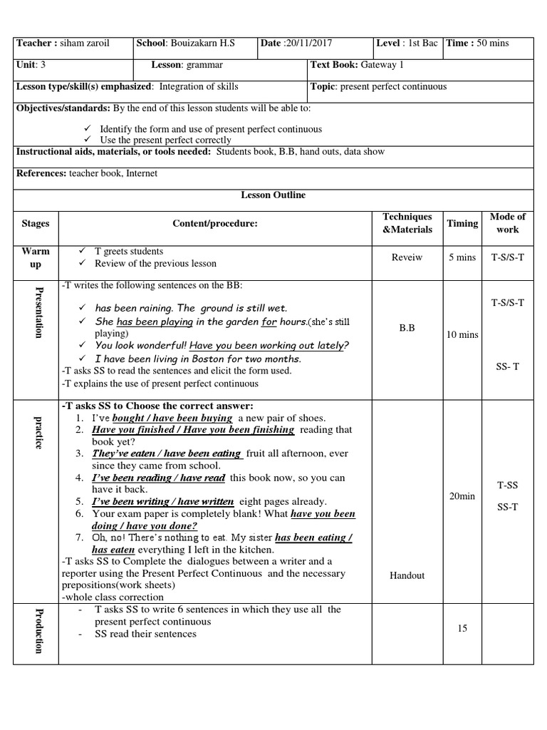 Present Perfect Continuous Lesson Plan | PDF | Books | Lesson Plan
