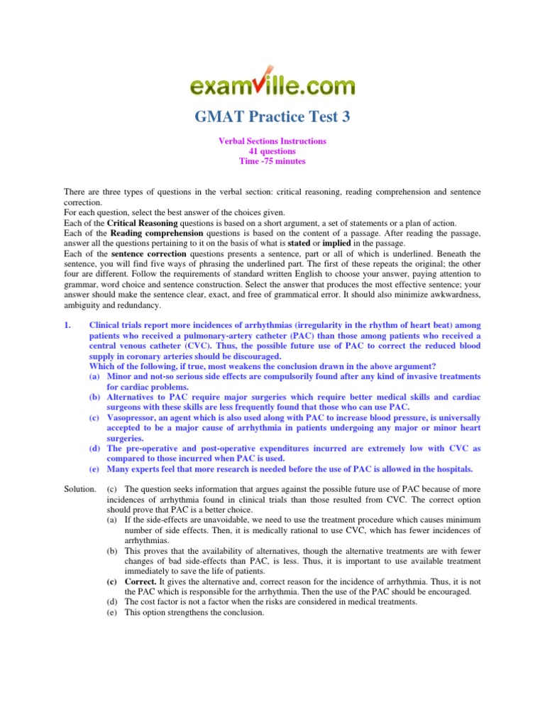 GMAT Practice Test 3: Verbal Sections Instructions 41 Questions Time ...