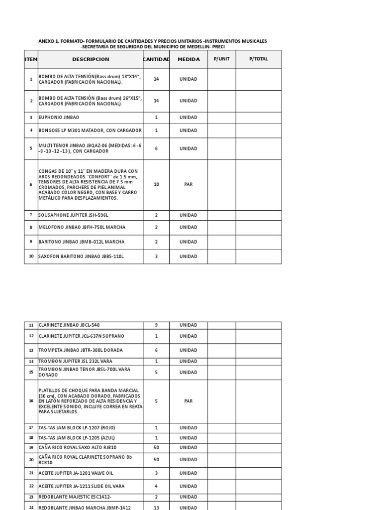 Anexo 1. Formato-Formulario de Precios y Cantidades Instr. Musicales ...
