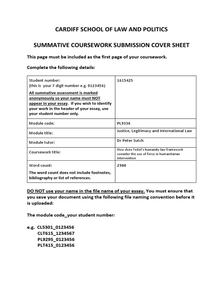 Cardiff School of Law and Politics Summative Coursework Submission Cover Sheet | PDF | Sovereign ...