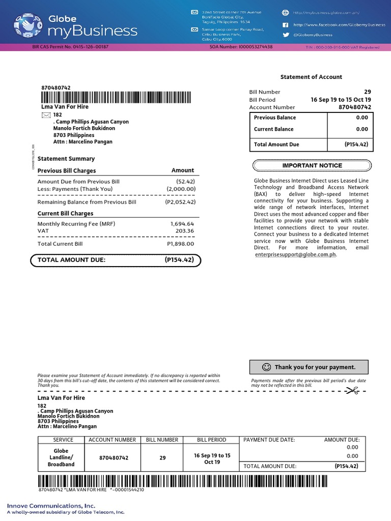 ISP - Globe Bill | PDF | Internet Access | Internet