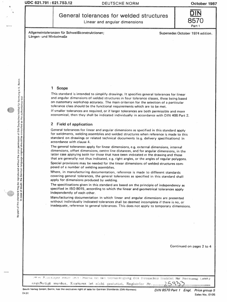 DIN 8570-1987 General Tolerances For Welded Structures PDF | PDF