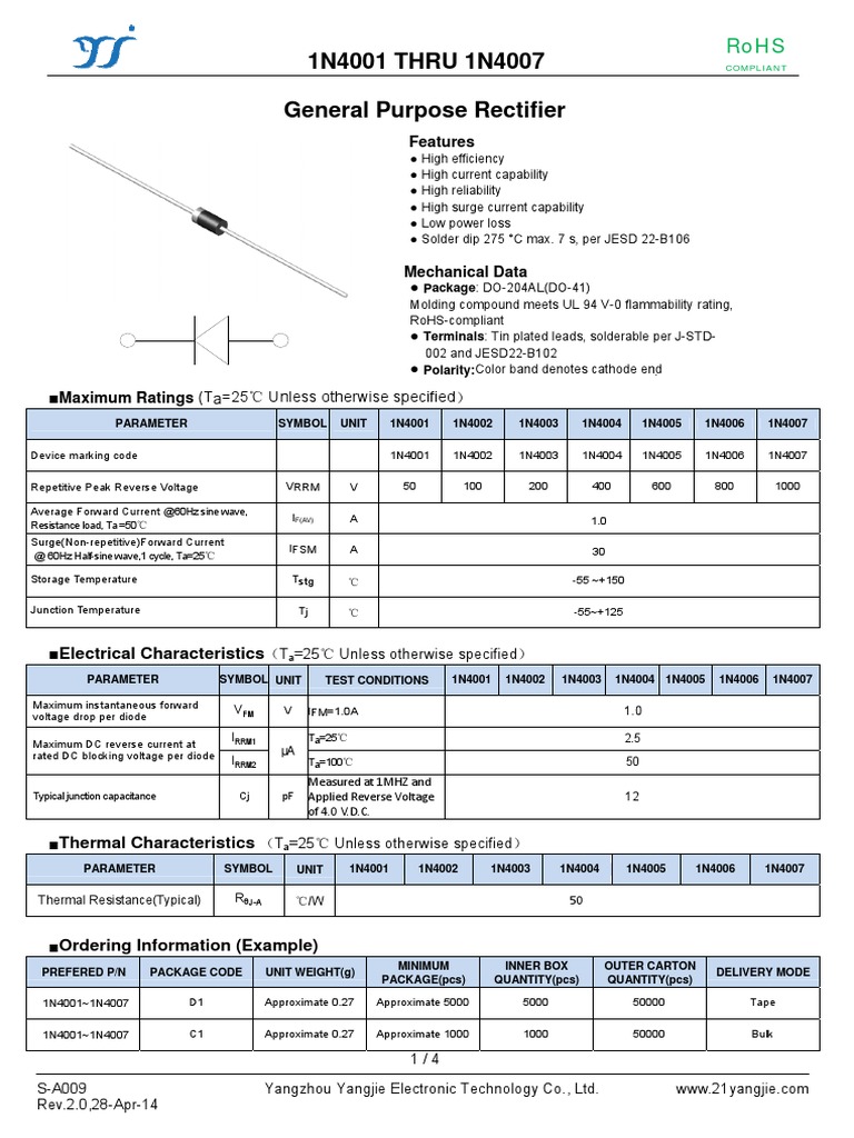 1N4001 - 1N4007 DataSheet | PDF | Diode | Physical Quantities