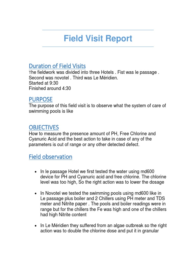 Swimming Pool Care Field Visit Report | PDF | Science & Mathematics