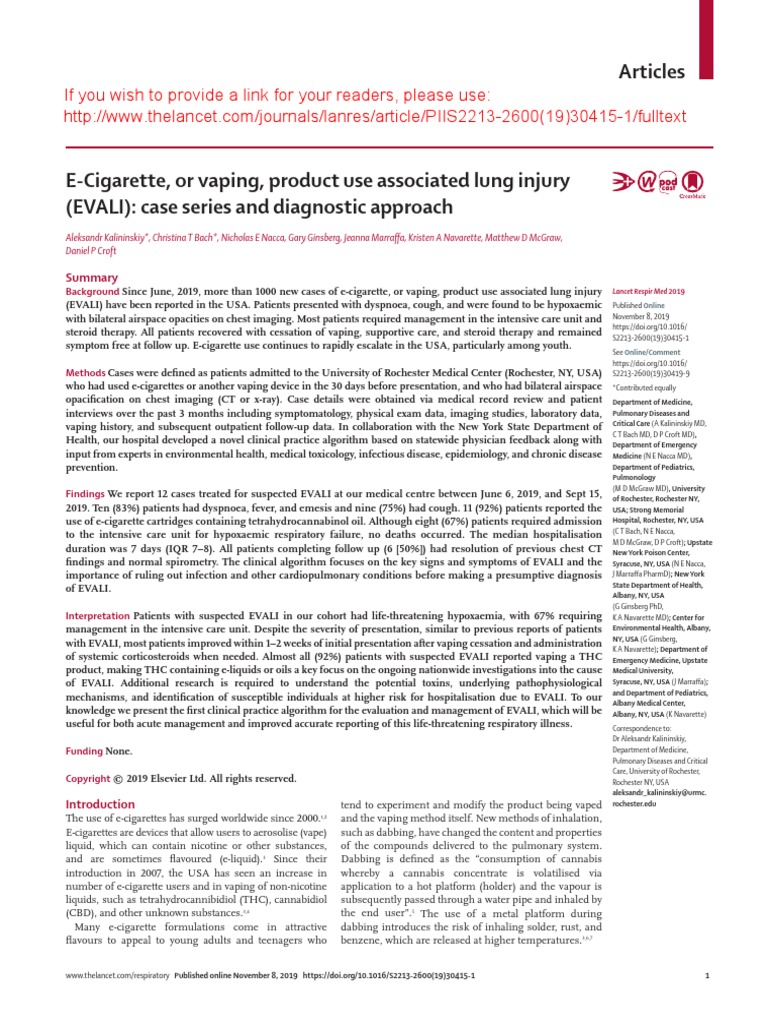 E-Cigarette, or Vaping, Product Use Associated Lung Injury (EVALI ...