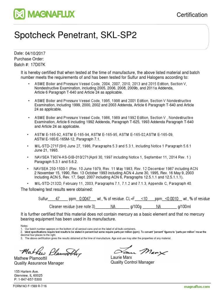 Spotcheck Penetrant, SKL-SP2: Certification | PDF | Nondestructive ...