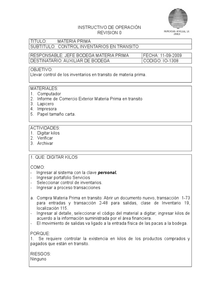IO-1308 Control Inventarios en Transito | PDF