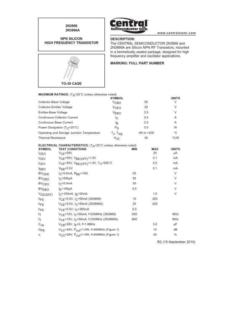 2N3866 2N3866A NPN Silicon High Frequency Transistor Description | PDF ...
