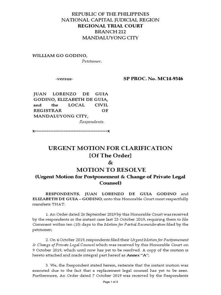 Motion for Clarification of Order and Resolution of Motion for Postponement in the Case of ...