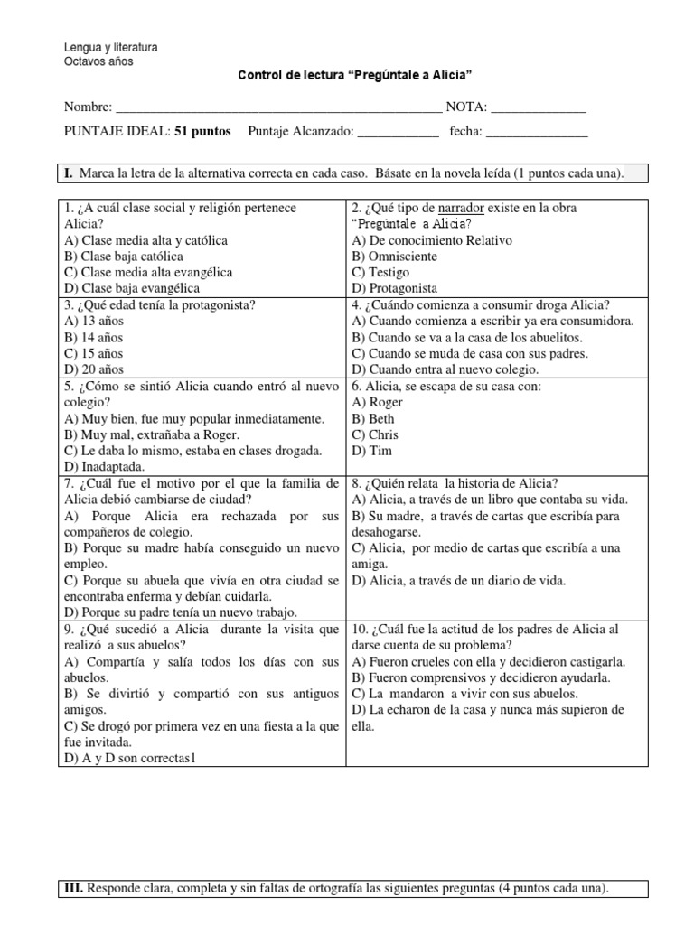 Prueba Preguntale A Alicia | PDF | Narración