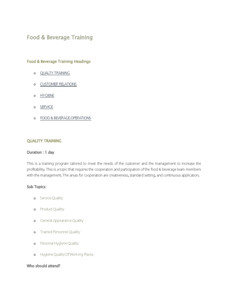 Food & Beverage Training Overview | PDF | Foodservice | Restaurants