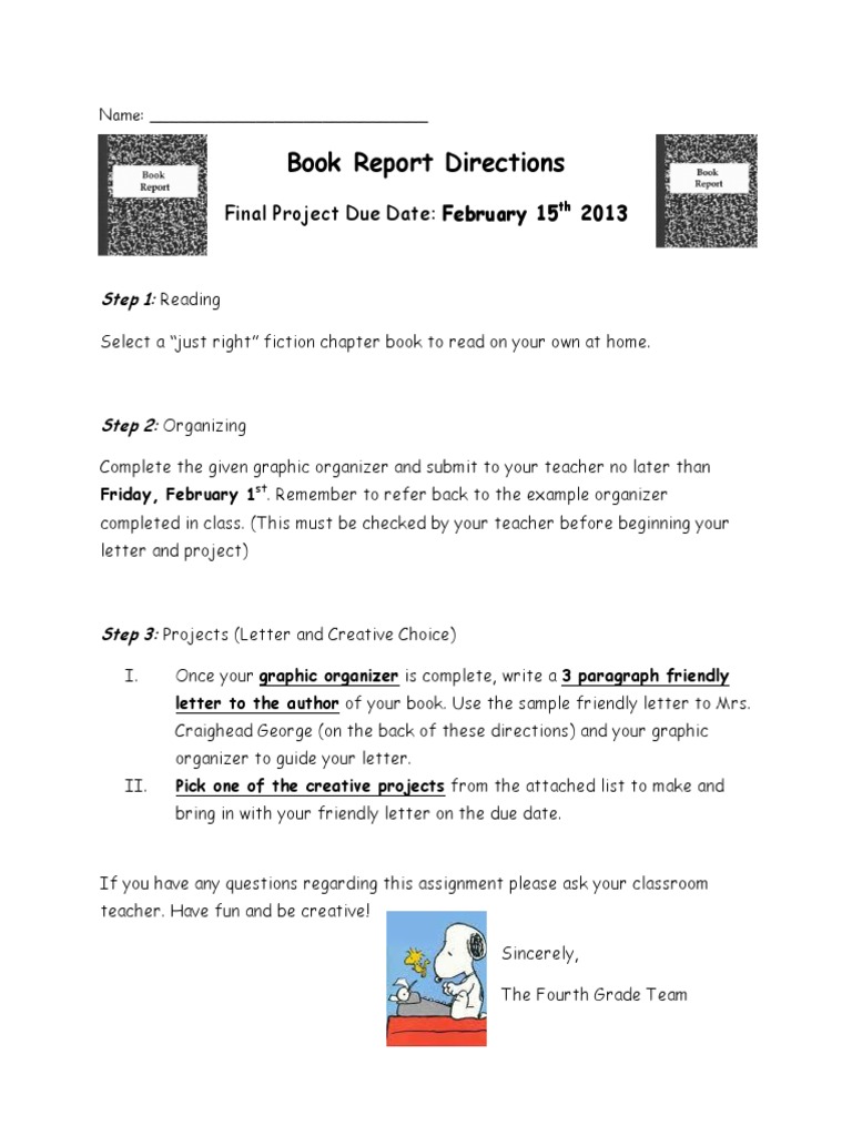 Fourth Grade Book Report: Detailed Instructions and Examples Provide a ...