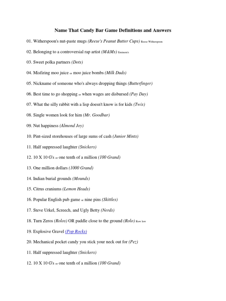 Name That Candy Bar Game Definitions and Answers | PDF