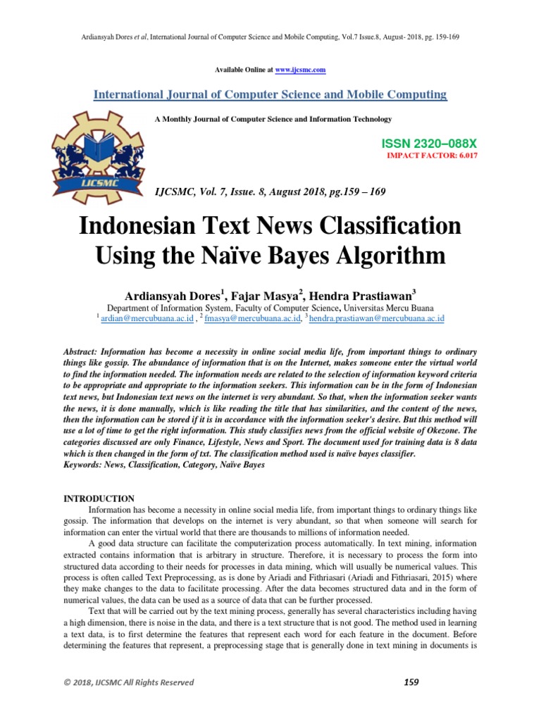 Indonesian Text News Classification Usin PDF | PDF | Statistical Classification | Cognitive Science