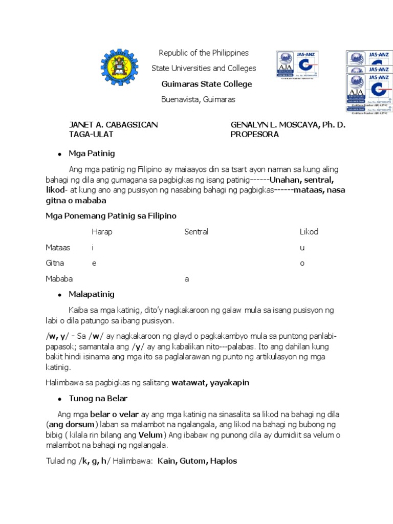 Patinig Malapatinig at Tunog Na Belar | PDF