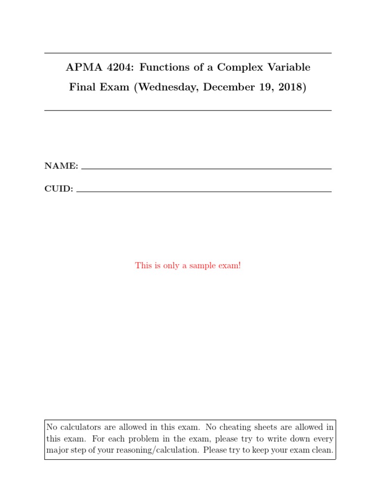 APMA 4204: Functions of A Complex Variable Final Exam (Wednesday, December 19, 2018) | PDF