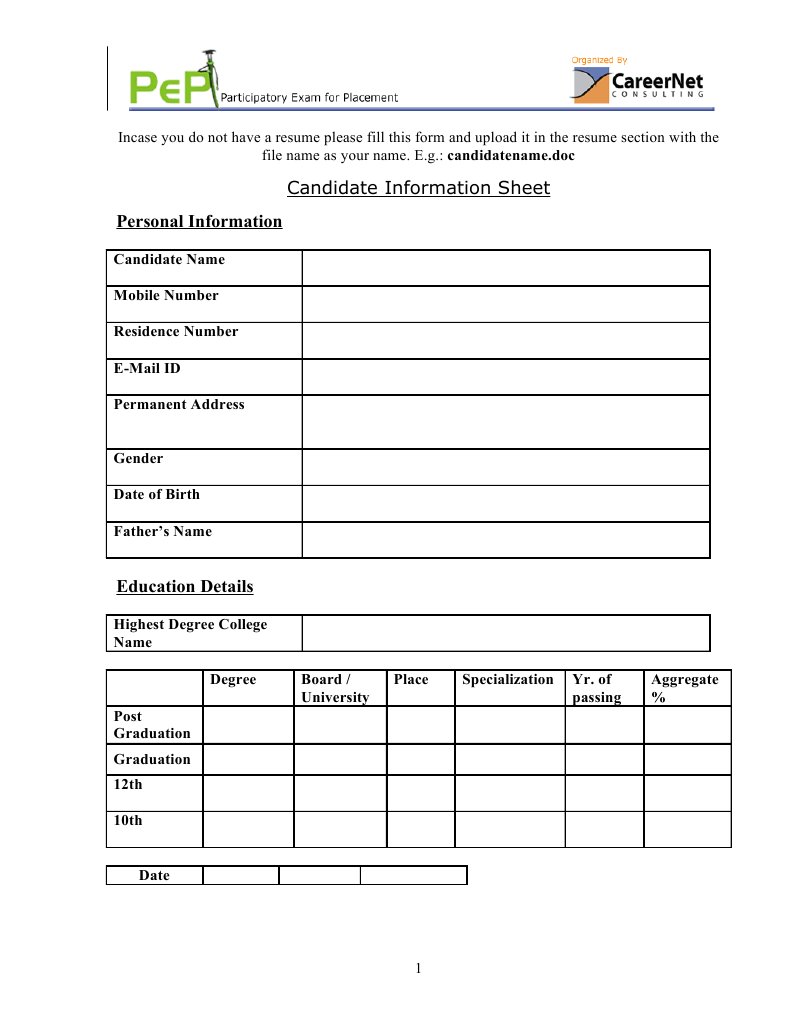 Candidate Information Sheet Template | PDF