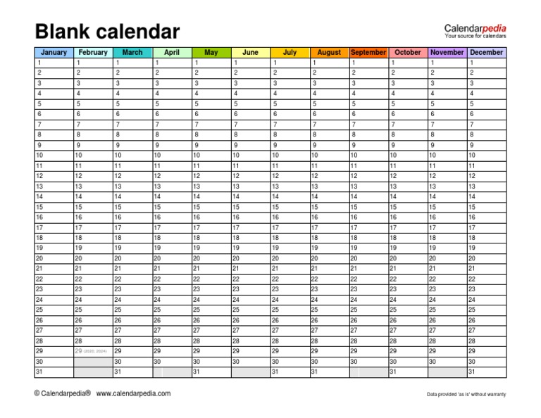 Blank Calendar Landscape 1 Page | PDF