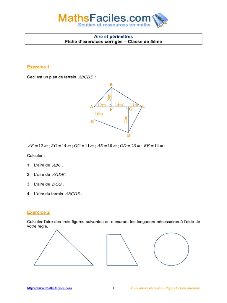Aire, Périmètre - Exercices Corrigés 5ème | PDF