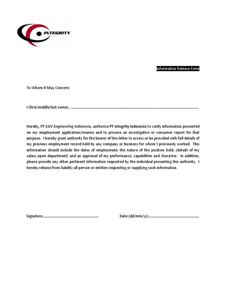 PT EJJV Engineering Indonesia: Information Release Form | PDF | Career ...