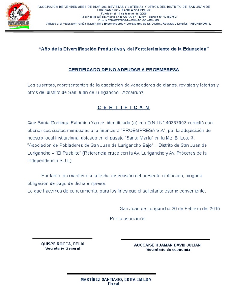 Certificado de No Adeudar | PDF