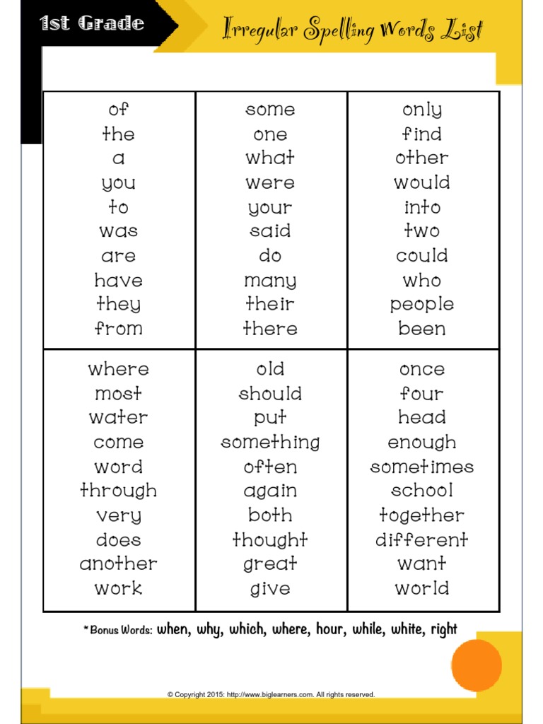 First Grade Irregular Spelling Words List | PDF